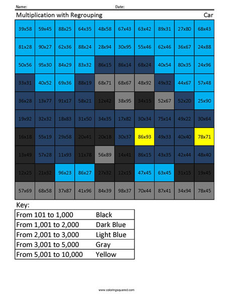 4G18 Multiplication Regrouping Car 4th grade math - Coloring Squared